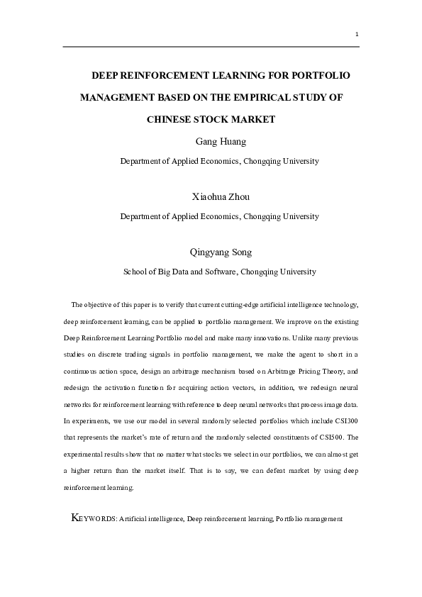 Pdf Deep Reinforcement Learning For Portfolio Management