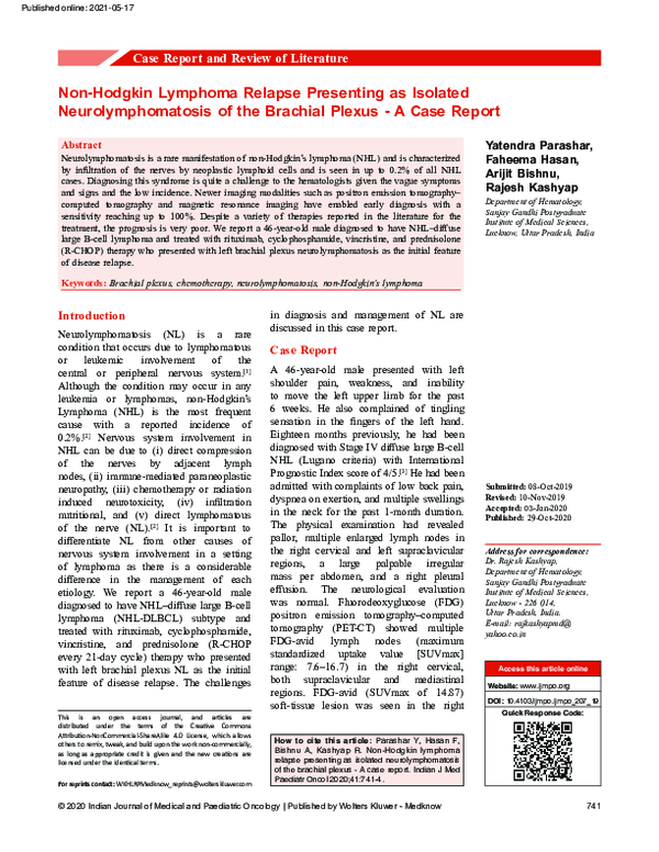 (PDF) Non-Hodgkin lymphoma relapse presenting as isolated neurolymphomatosis of the brachial ...