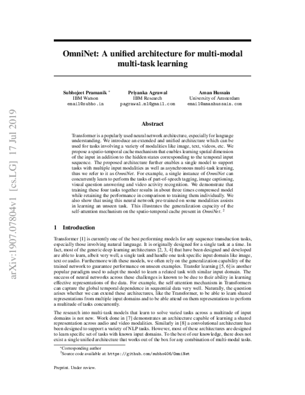 (PDF) OmniNet: A unified architecture for multi-modal multi-task learning