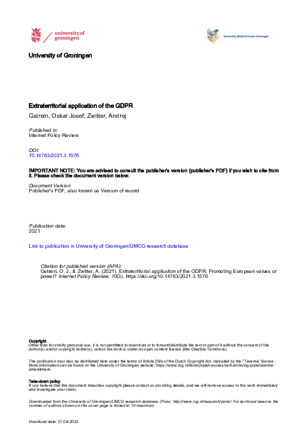 (PDF) Extraterritorial application of the GDPR: promoting European ...