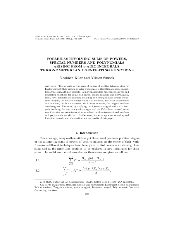 Pdf Formulas Involving Sums Of Powers Special Numbers And