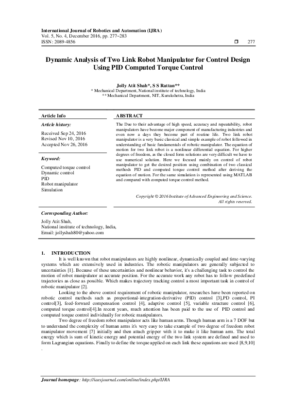 (PDF) Dynamic Analysis Of Two Link Robot Manipulator For Control Design ...