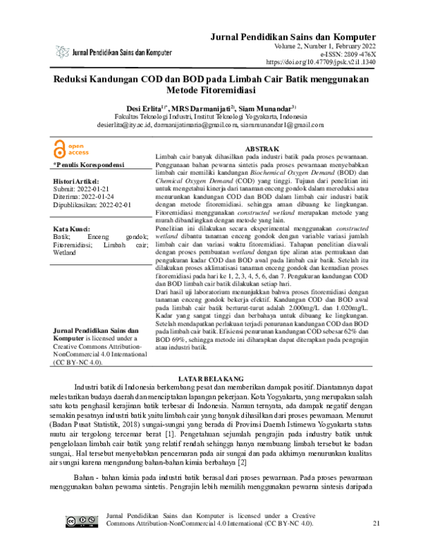 (PDF) Reduksi Kandungan COD dan BOD pada Limbah Cair Batik menggunakan Metode Fitoremidiasi ...