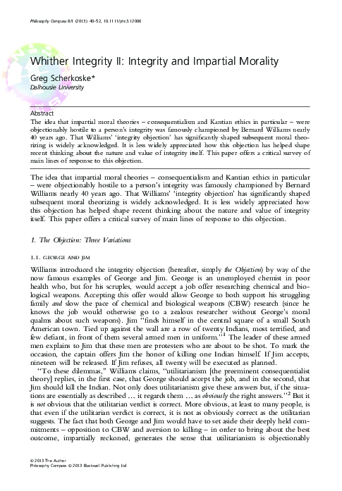 (PDF) Whither Integrity II: Integrity and Impartial Morality