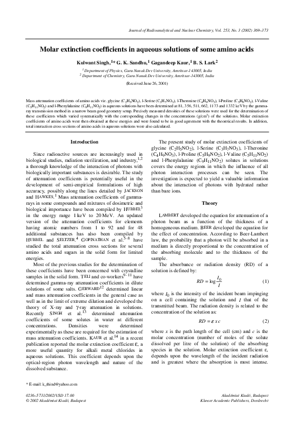(PDF) Molar extinction coefficients in aqueous solutions of some amino ...