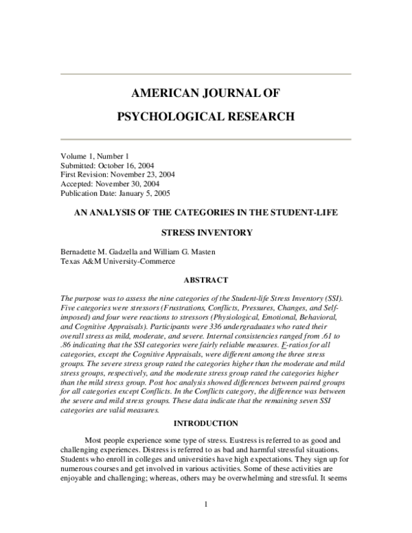 (PDF) An Analysis of the Categories in the Student-Life Stress Inventory