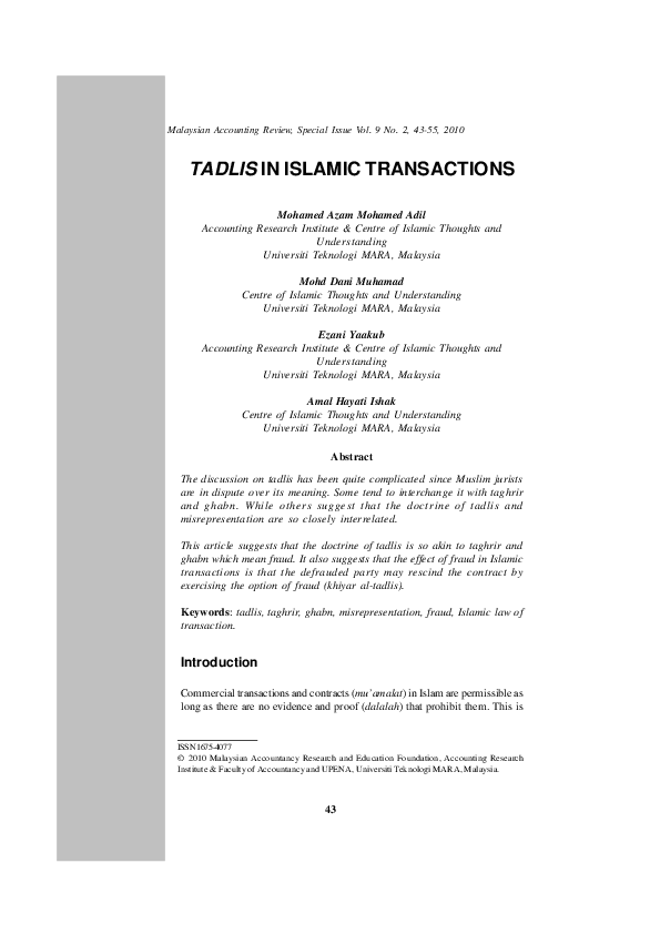 (PDF) Tadlis in Islamic Transactions