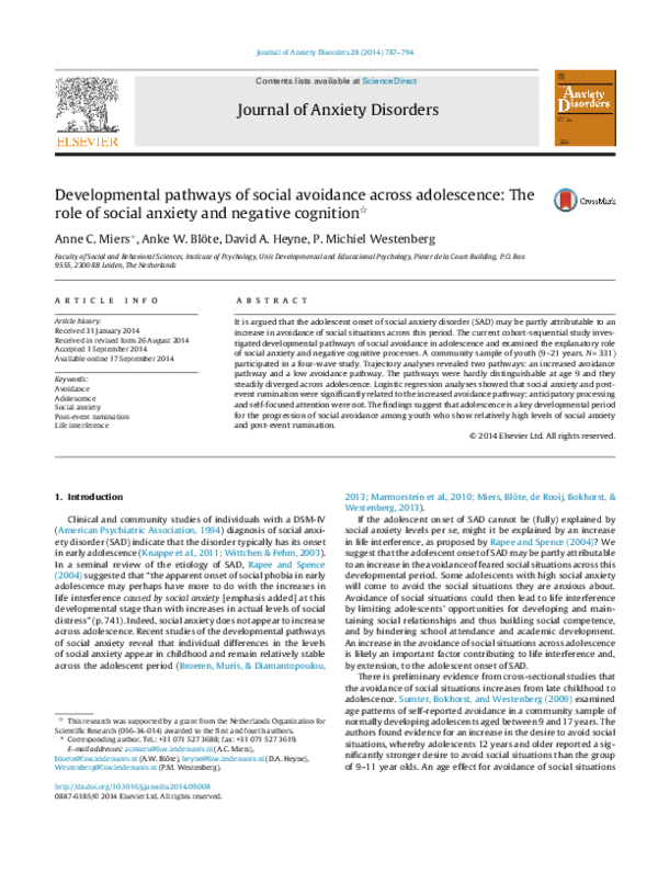 (PDF) Developmental pathways of social avoidance across adolescence ...
