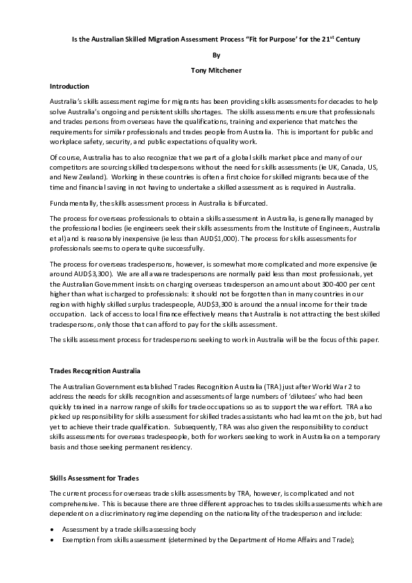 (PDF) Is the Australian Skilled Migration Assessment Process "Fit for ...