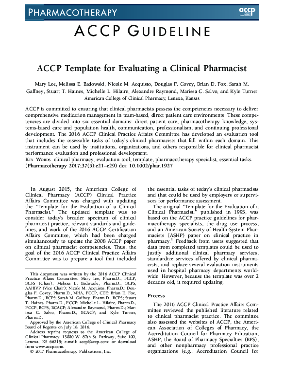 (PDF) ACCP Template for Evaluating a Clinical Pharmacist