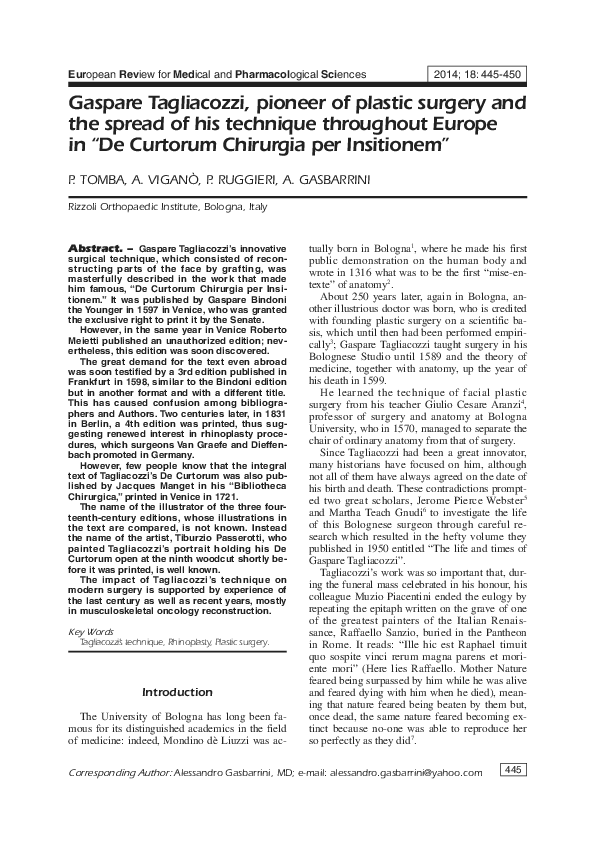 (PDF) Gaspare Tagliacozzi, pioneer of plastic surgery and the spread of ...