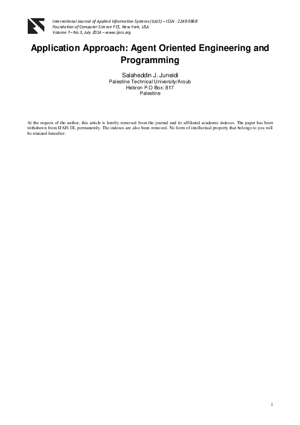 (PDF) Application Approach: Agent Oriented Engineering and Programming | Salaheddin Juneidi ...