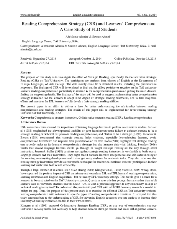 (PDF) Reading Comprehension Strategy (CSR) and Learners’ Comprehension ...