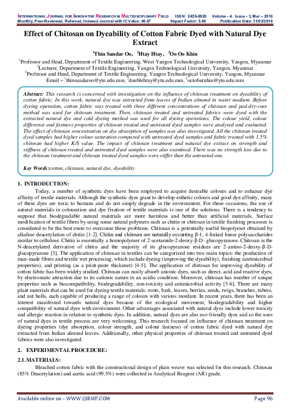 (PDF) INTERNATIONAL JOURNAL FOR INNOVATIVE Effect of Chitosan on Dyeability of Cotton Fabric ...