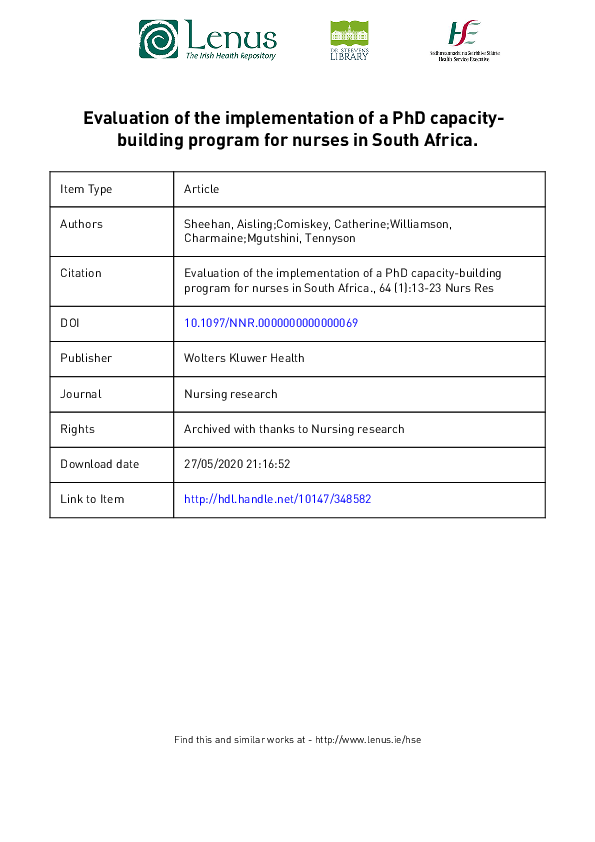 (PDF) Evaluation of the Implementation of a PhD Capacity-Building Program for Nurses in South Africa