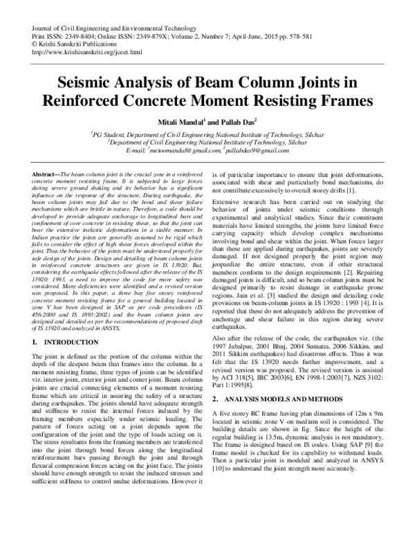 (PDF) Seismic Analysis of Beam Column Joints in Reinforced Concrete Moment Resisting Frames