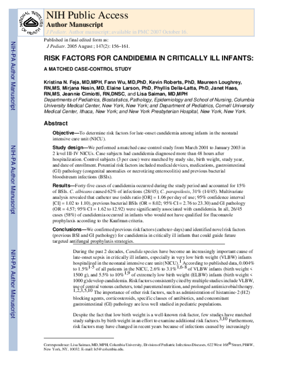 (PDF) Risk Factors for Candidemia in Critically Ill Infants: A Matched ...