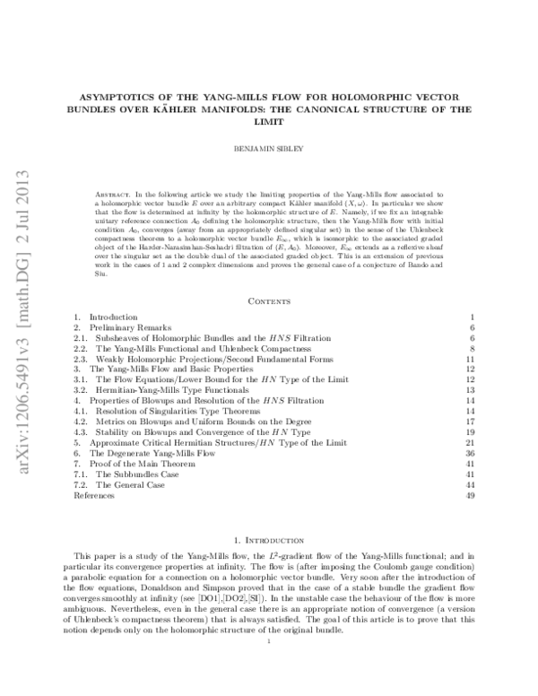 (PDF) Asymptotics of the Yang–Mills flow for holomorphic vector bundles ...