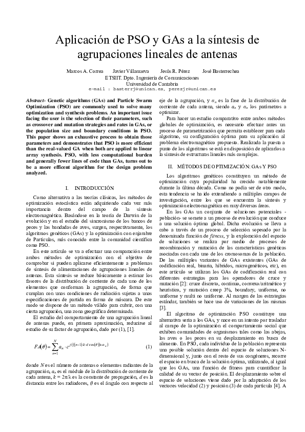 (PDF) Aplicación de PSO y GAs a la síntesis de agrupaciones lineales de ...