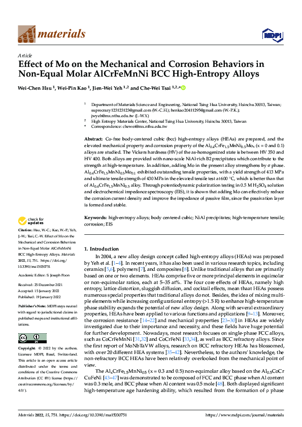 (PDF) Effect of Mo on the Mechanical and Corrosion Behaviors in Non-Equal Molar AlCrFeMnNi BCC ...
