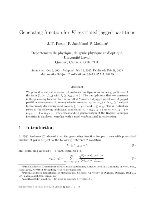 (PDF) Generating Function for $K$-Restricted Jagged Partitions