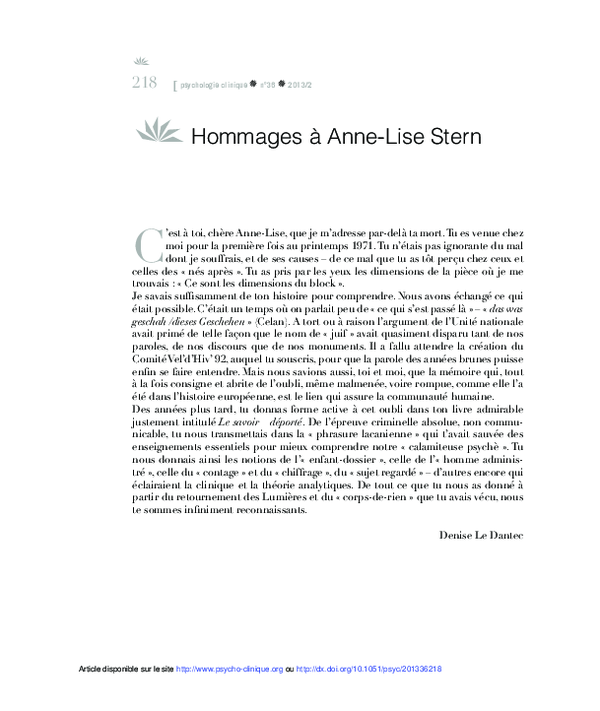 (PDF) Hommages à Anne-Lise Stern | Ursula Renard - Academia.edu
