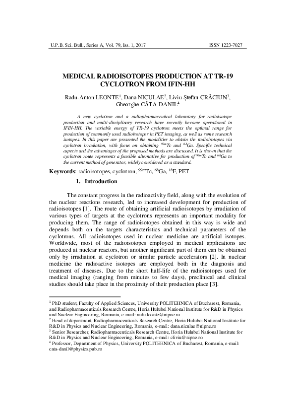 (PDF) Medical Radioisotopes Production at TR-19 Cyclotron from Ifin-HH