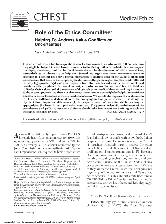 (PDF) Role of the Ethics Committee