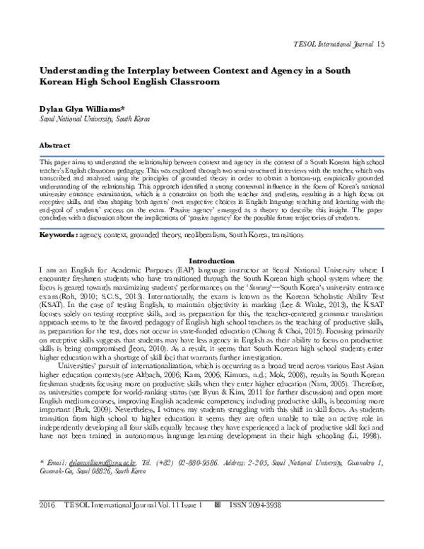 (PDF) Understanding the Interplay between Context and Agency in a South Korean High School ...