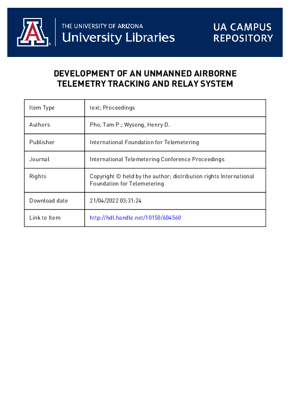 (PDF) Development of an Unmanned Airborne Telemetry Tracking and Relay ...