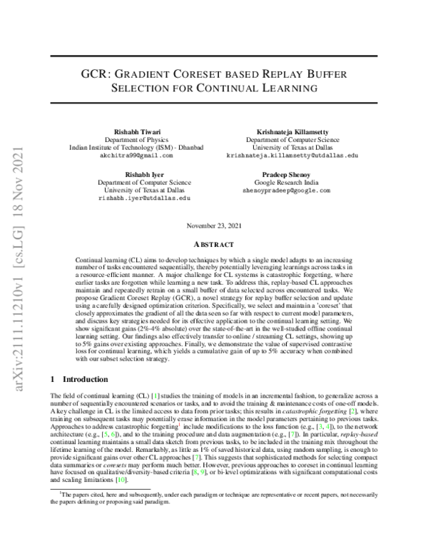 (PDF) GCR: Gradient Coreset Based Replay Buffer Selection For Continual Learning
