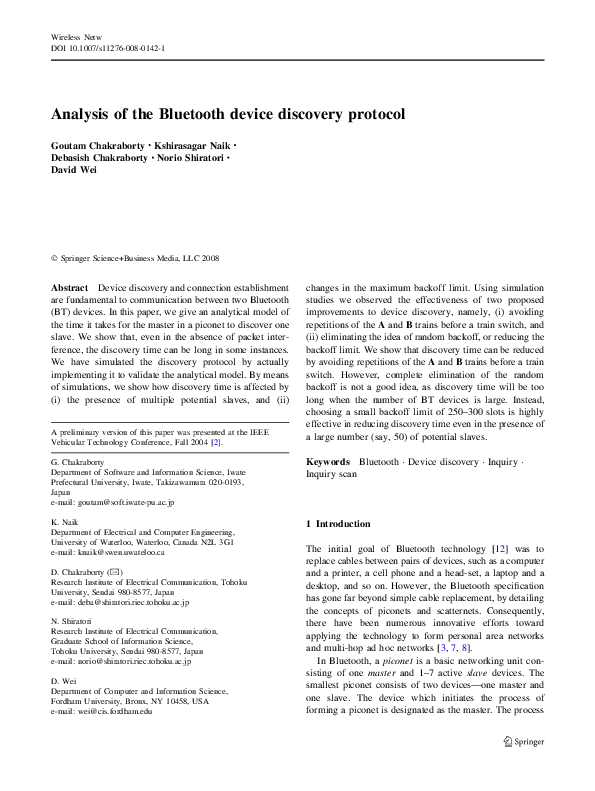 (PDF) Analysis of the Bluetooth device discovery protocol