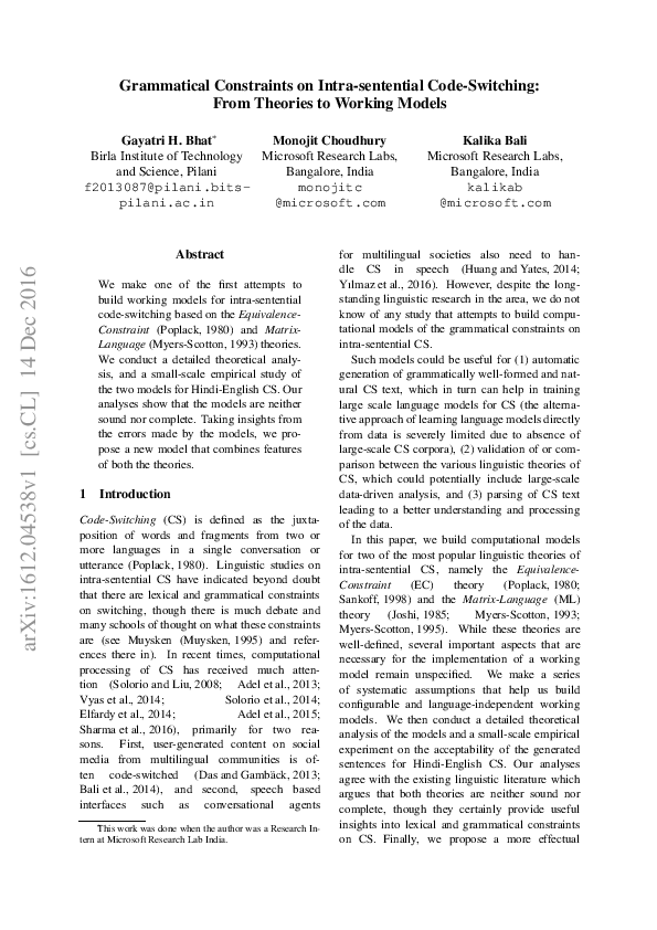 (PDF) Grammatical Constraints on Intra-sentential Code-Switching: From ...