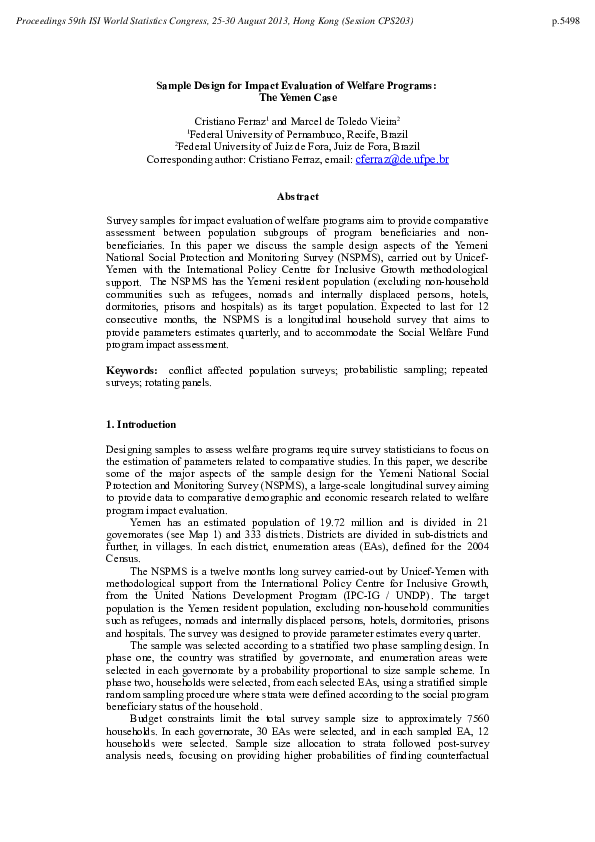 (PDF) Sample Design for Impact Evaluation of Welfare Programs : The ...