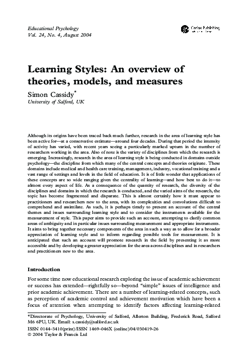 (PDF) Learning Styles: An overview of theories, models, and measures