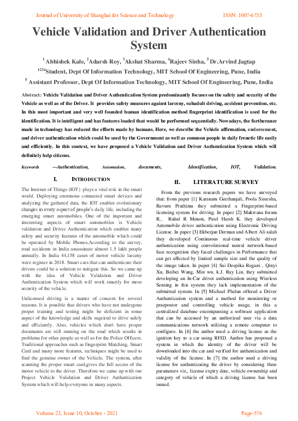 (PDF) Vehicle Validation and Driver Authentication System | Arvind ...
