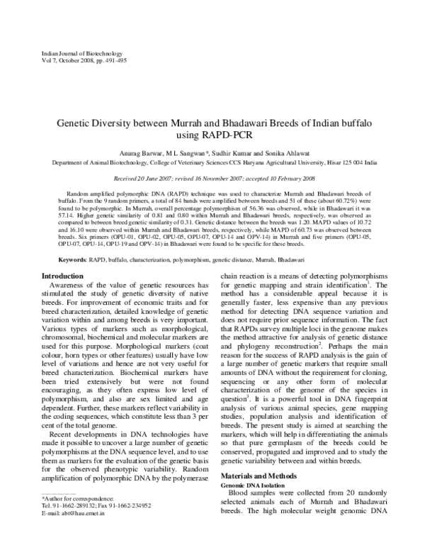 (PDF) Genetic Diversity between Murrah and Bhadawari Breeds of Indian ...
