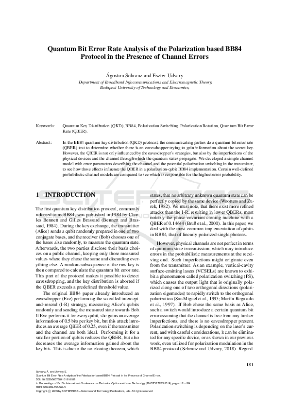 (PDF) Quantum Bit Error Rate Analysis of the Polarization based BB84 Protocol in the Presence of ...