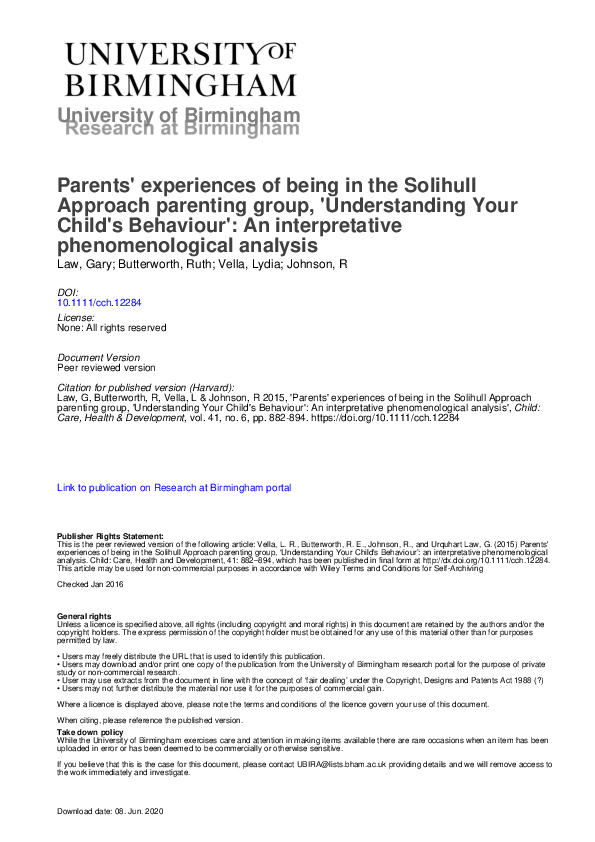 Parents' experiences of being in the Solihull Approach parenting group ...