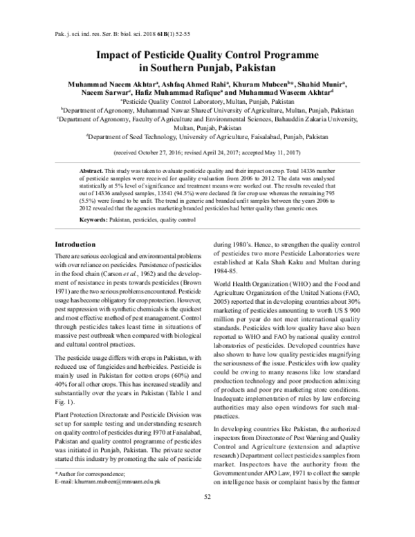 (PDF) Impact of Pesticide Quality Control Programme in Southern Punjab, Pakistan