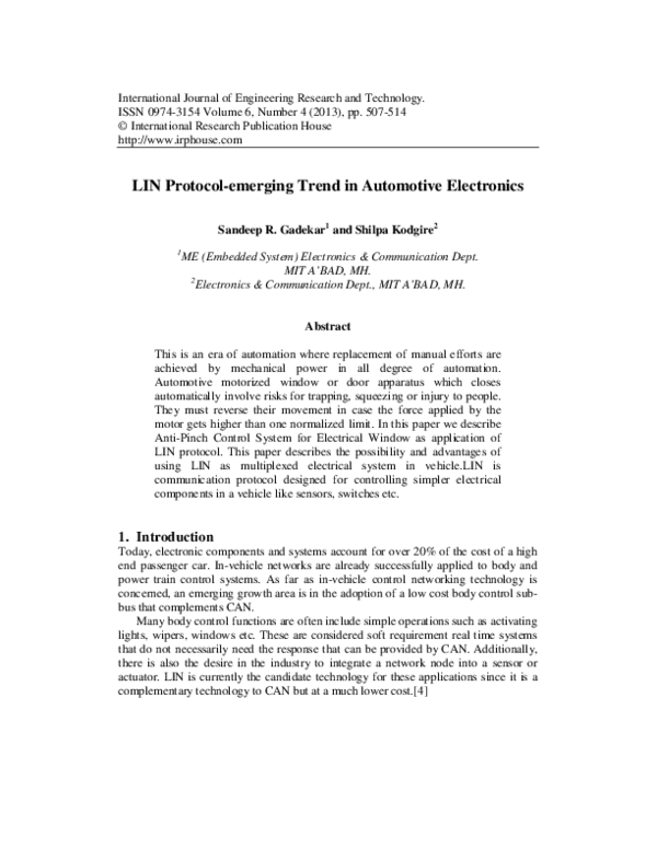 (PDF) LIN Protocol-Emerging Trend in Automotive Electronics