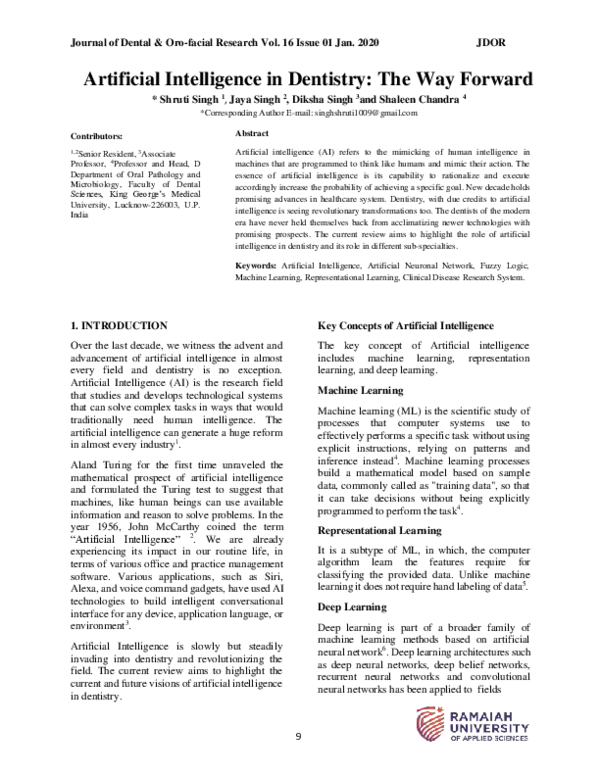 (PDF) Artificial Intelligence in Dentistry: The Way Forward
