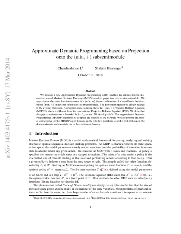 Pdf Approximate Dynamic Programming Based On Projection Onto The Min