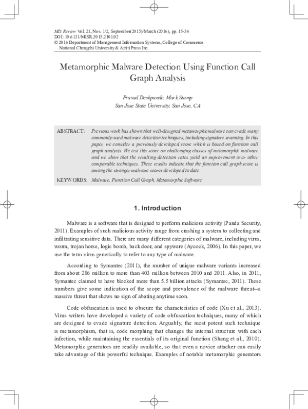 (PDF) Metamorphic Malware Detection Using Function Call Graph Analysis