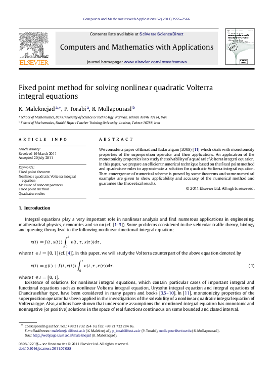 (PDF) Fixed point method for solving nonlinear quadratic Volterra integral equations