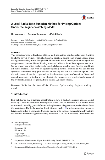(PDF) A Local Radial Basis Function Method for Pricing Options Under the Regime Switching Model