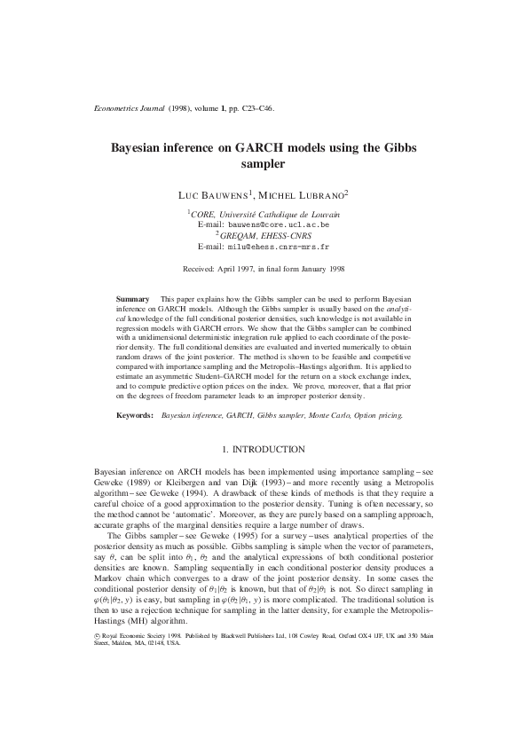(PDF) Bayesian Inference on GARCH Models Using the Gibbs Sampler