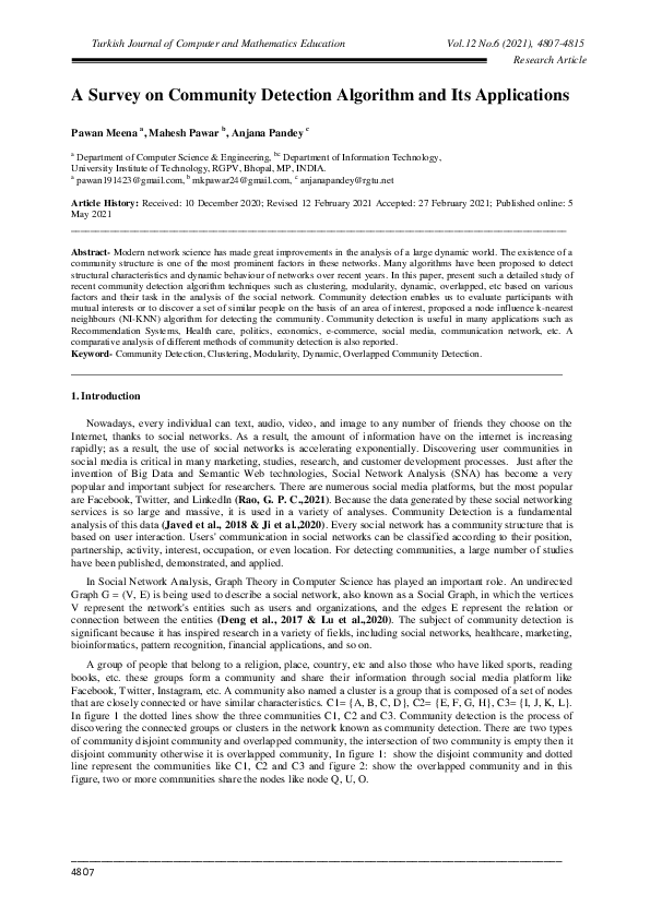 (PDF) A Survey on Community Detection Algorithm and Its Applications