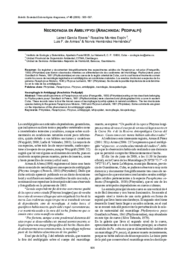 (PDF) Necrofagia en Amblypygi (Arachnida: Pedipalpi)