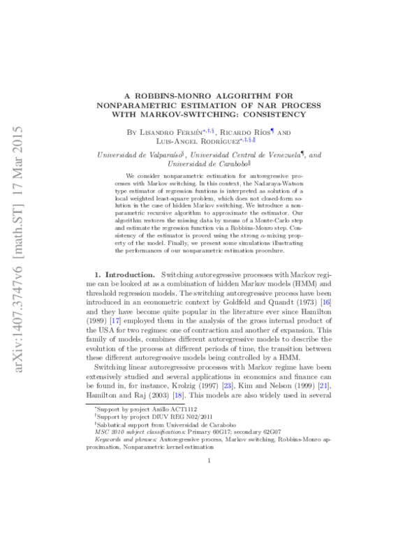 (PDF) A Robbins-Monro Algorithm for Non-Parametric Estimation of NAR Process with Markov ...